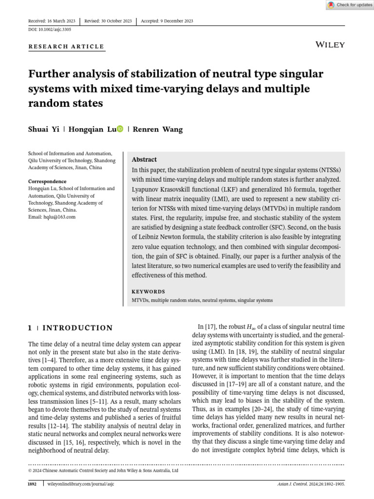 Stabilization of Neutral Singular Systems | PDF | Matrix (Mathematics ...