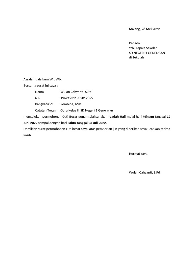 Surat Permohonan Cuti Besar Atau Permohonan Cuti Mnunaikan Ibadah Haji ...