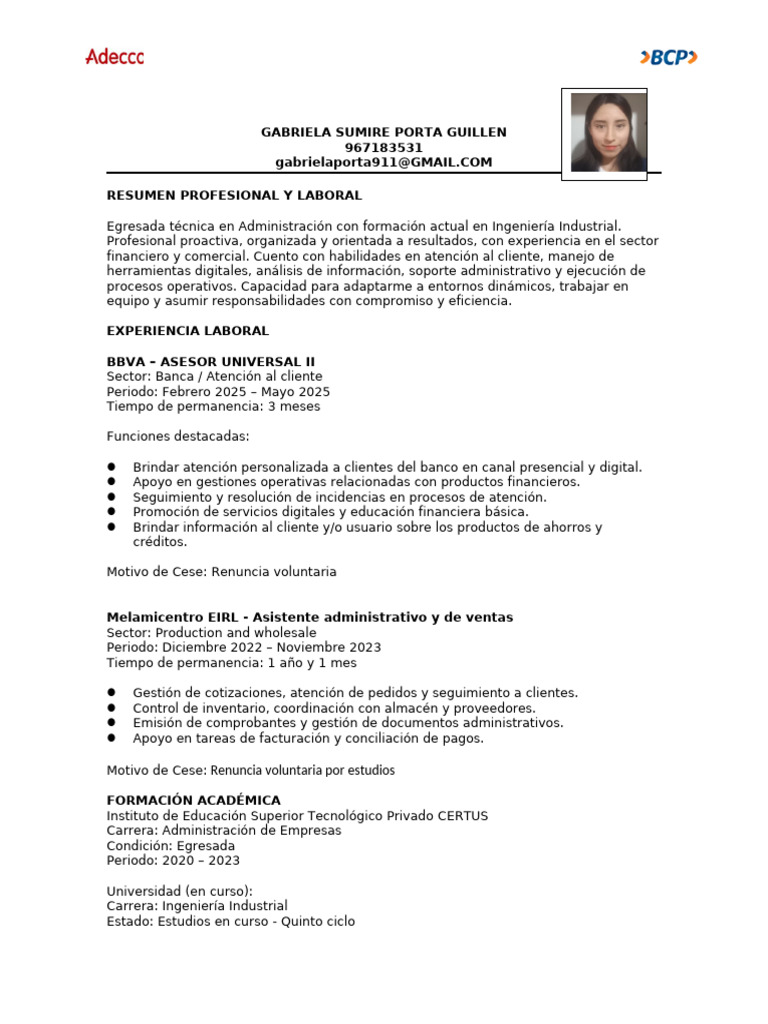 CV BCP - Gabriela Porta | PDF | Servicio al Cliente | Business