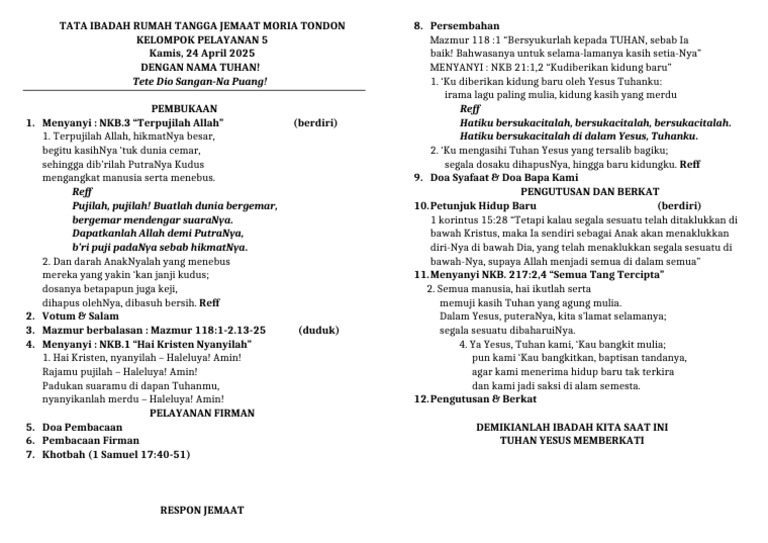 Tata Ibadah Rumah Tangga Jemaat Moria | PDF