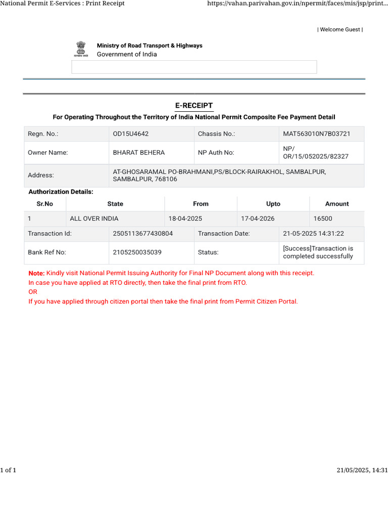 National Permit Transaction Receipt | PDF