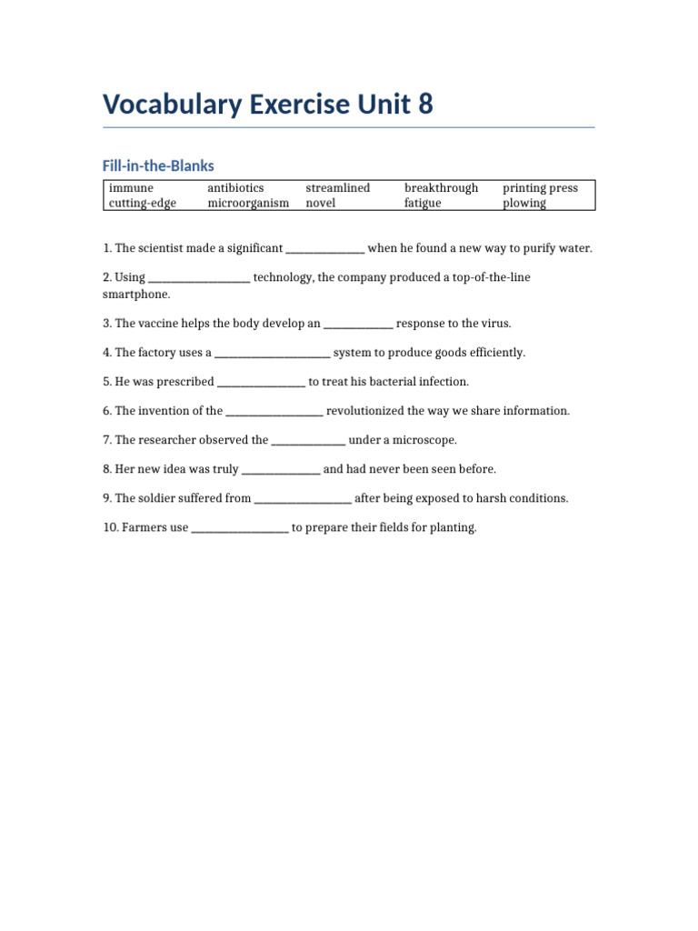 Vocabulary Exercises English B2.5 - Unit 8 | PDF