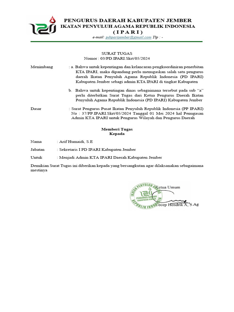 Surat Tugas Admin IPARI | PDF
