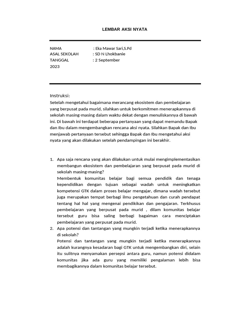 Lembar Kerja 4. Rencana Aksi Nyata Eka Mawar Sari SDN Lhokbanie | PDF
