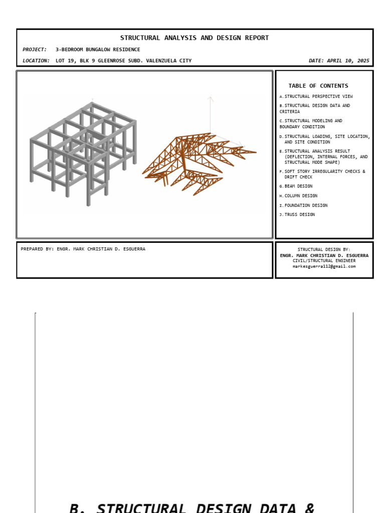 Structural Analysis and Design Report: 3-Bedroom Bungalow Residence Lot 19, BLK 9 Gleenrose Subd ...