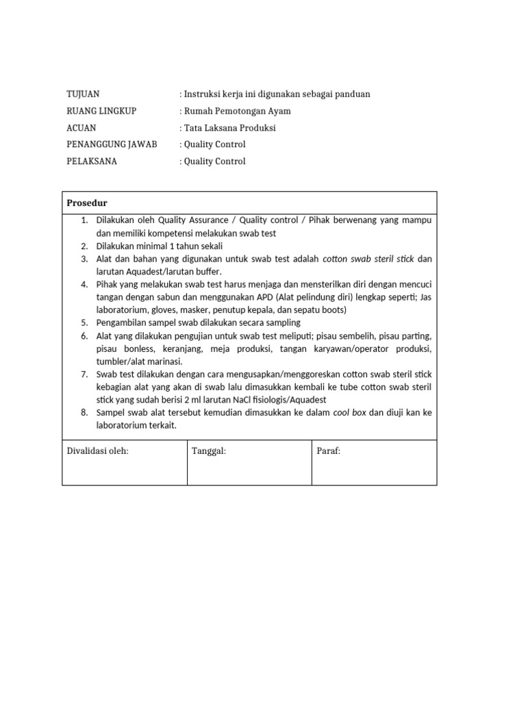 Sop Swab Test Sanitasi | PDF