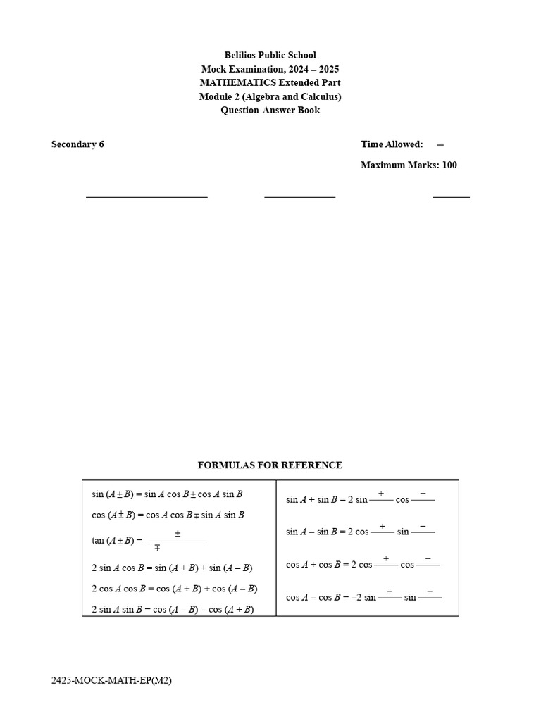 24-25 S6 Mathematics (M2) Mock Exam Question Paper | PDF | Trigonometric Functions | Equations