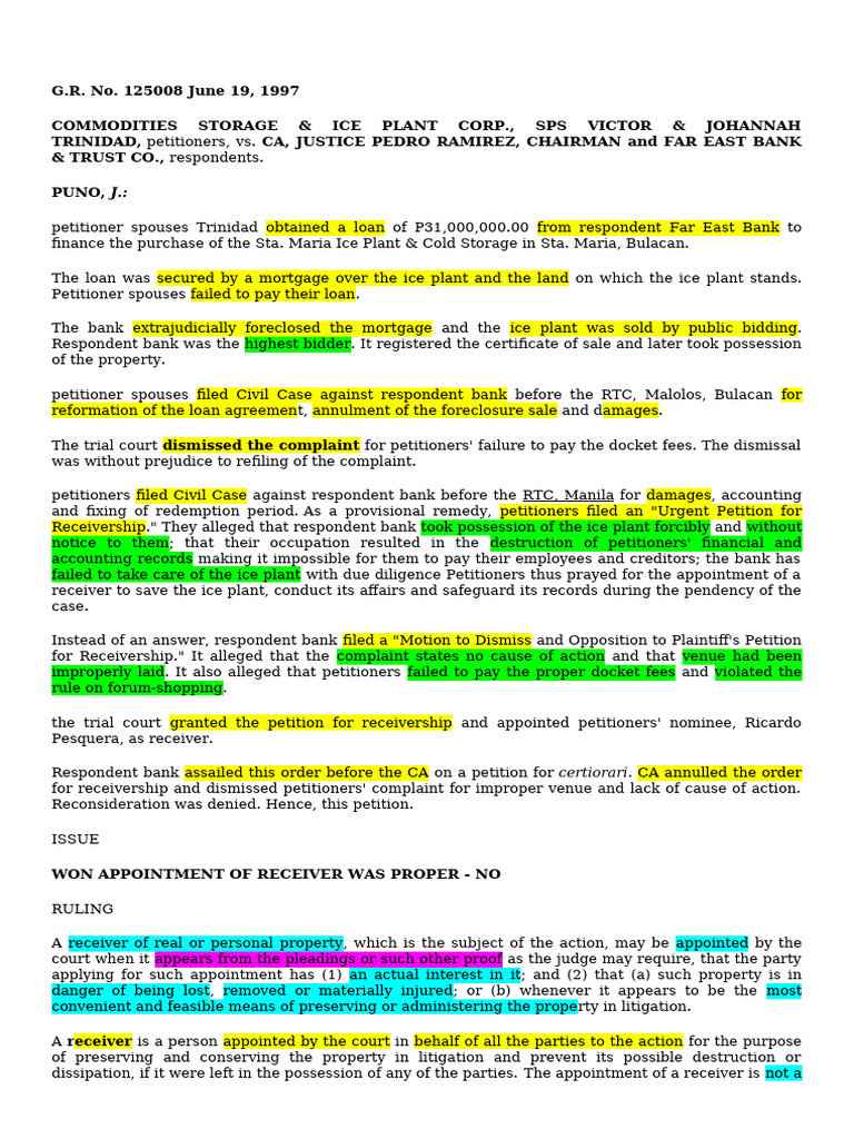 COMMODITIES STORAGE V SPS TRINIDAD Recievership | PDF | Foreclosure | Mortgage Law