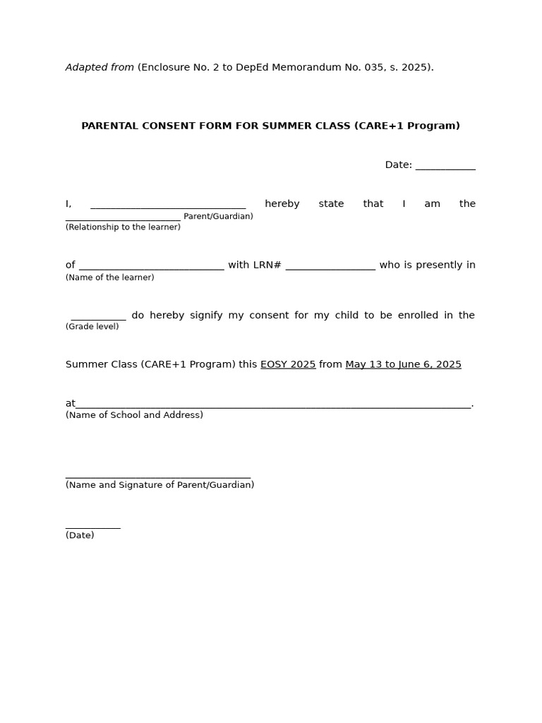 Parental Consent Summer Programs 2025 | PDF