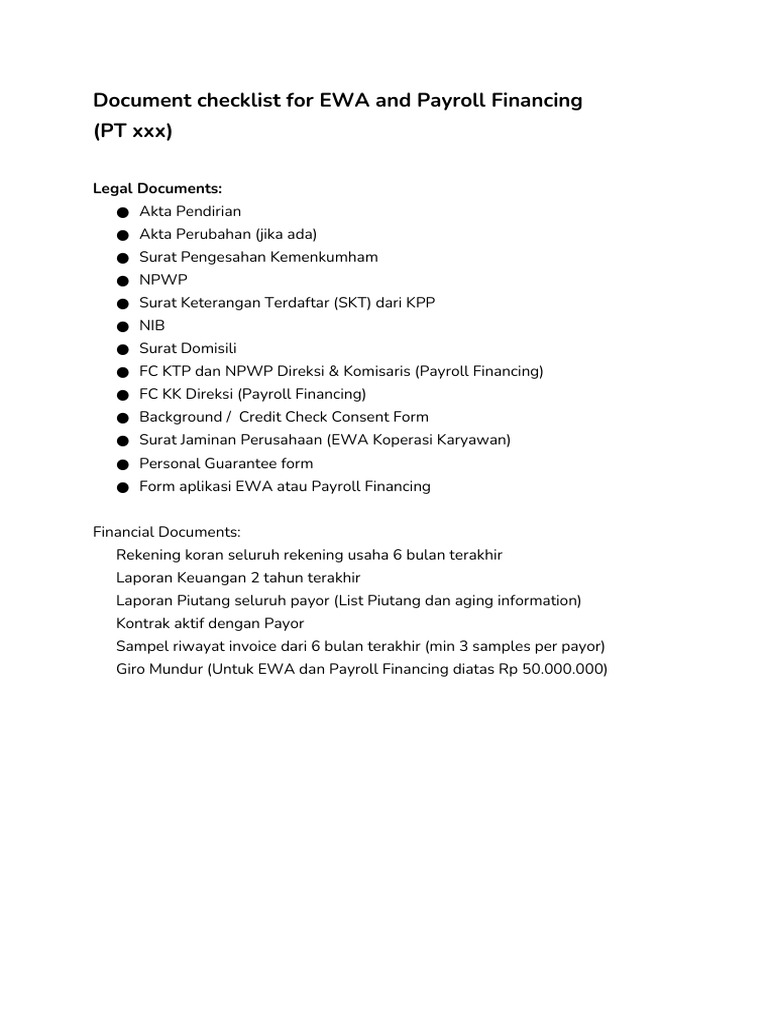 Checklist Dokumen EWA dan Pembiayaan Payroll | PDF