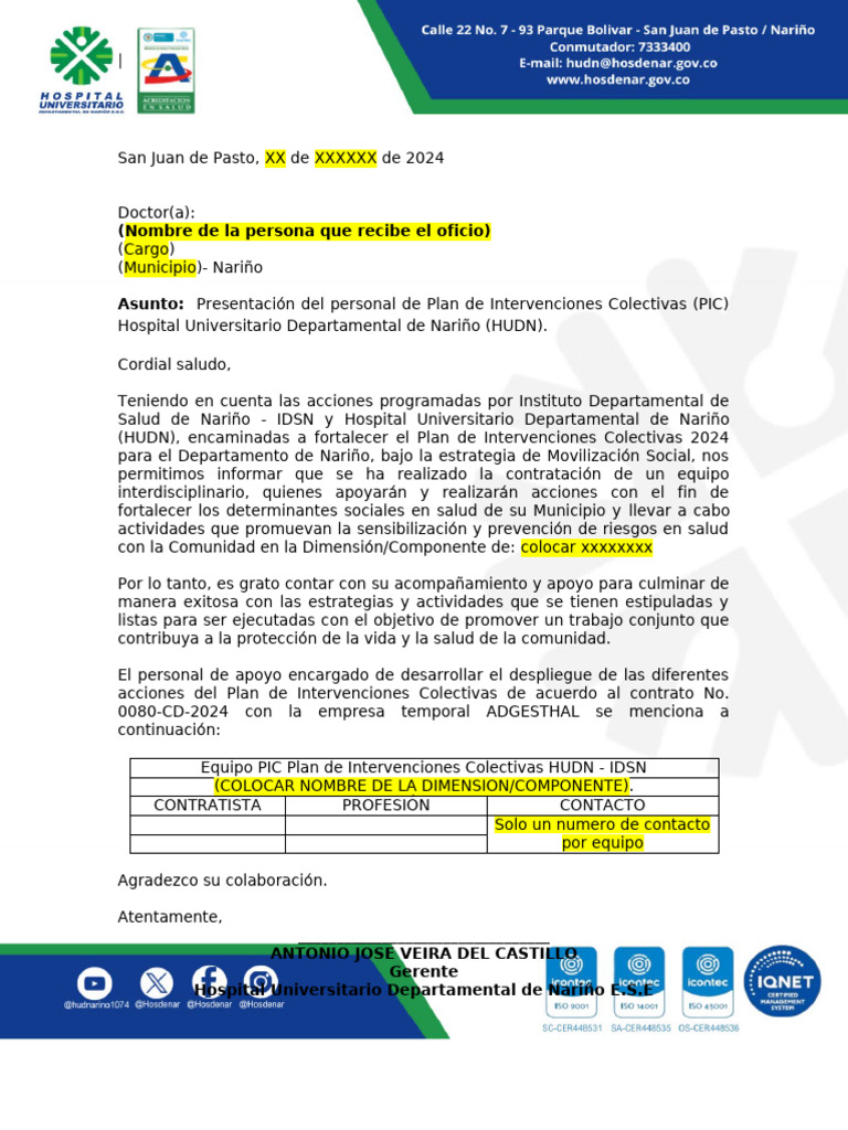 1 Formato Oficio PIC HUDN 2024 Ok | PDF