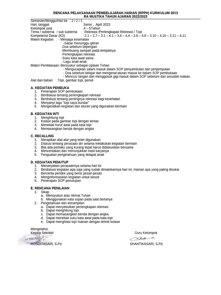 RPPH TK-A SMT2 Minggu - 02 - Perlengkapan Rekreasi | PDF