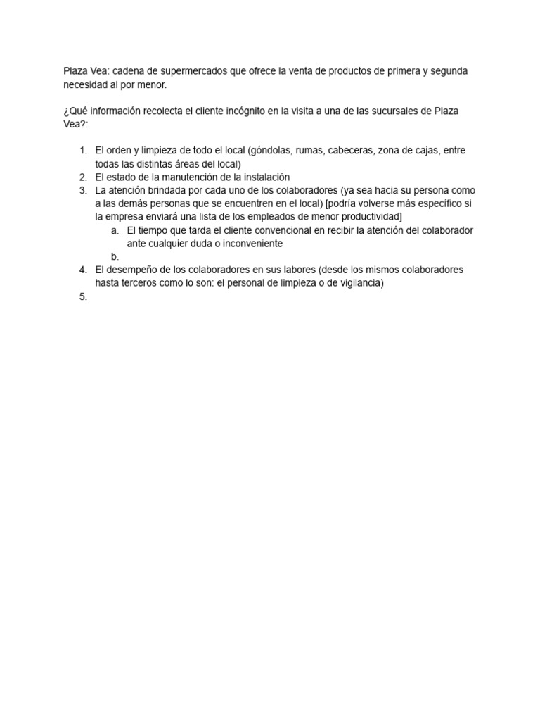 Evaluación del Cliente Incógnito en Plaza Vea | PDF