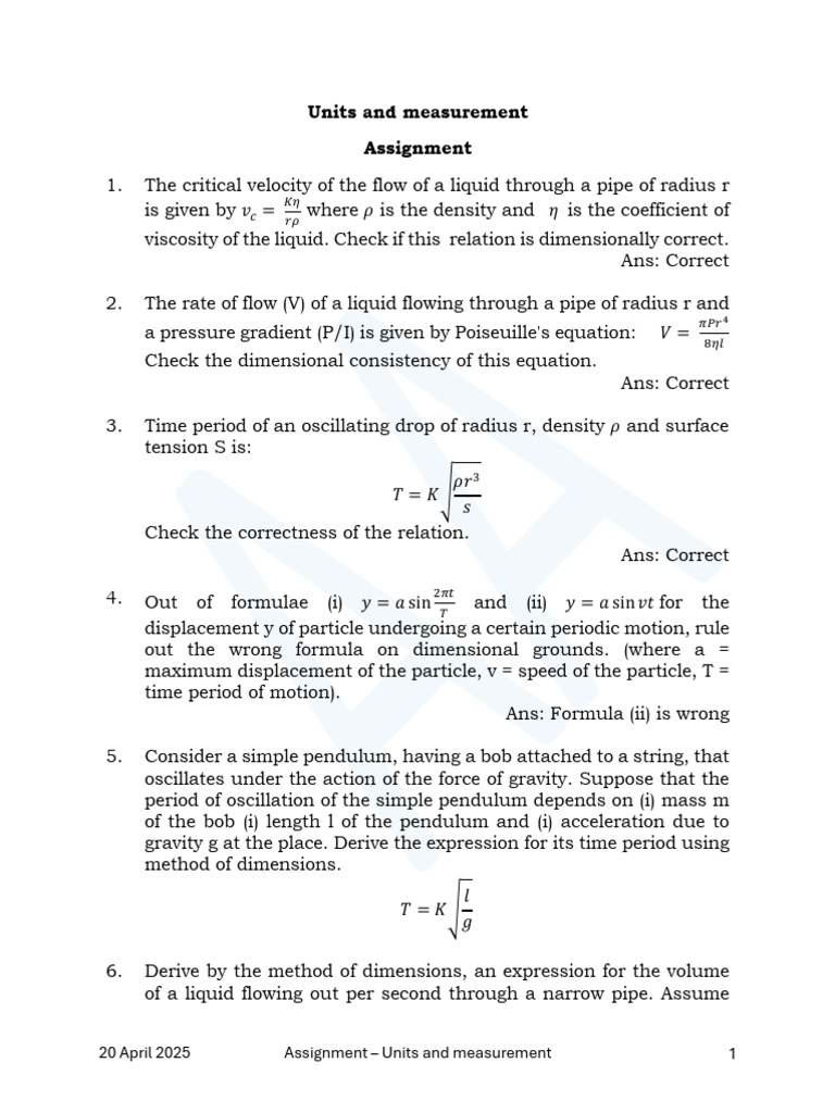 Assignment Units and Measurement | PDF | Liquids | Oscillation