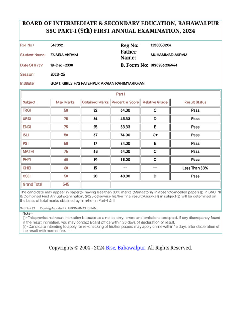 SSC Part-I Result 2024 for Znaira Akram | PDF