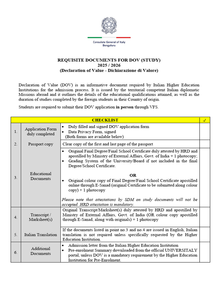 Checklist DOV Study 2025 26 | PDF | Consul (Representative) | Passport