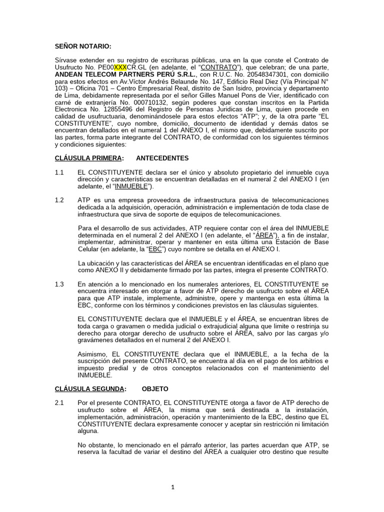 Formato Contrato de Usufructo - Gerencia Legal - Versión Unificada (Noviembre 2024) | PDF ...