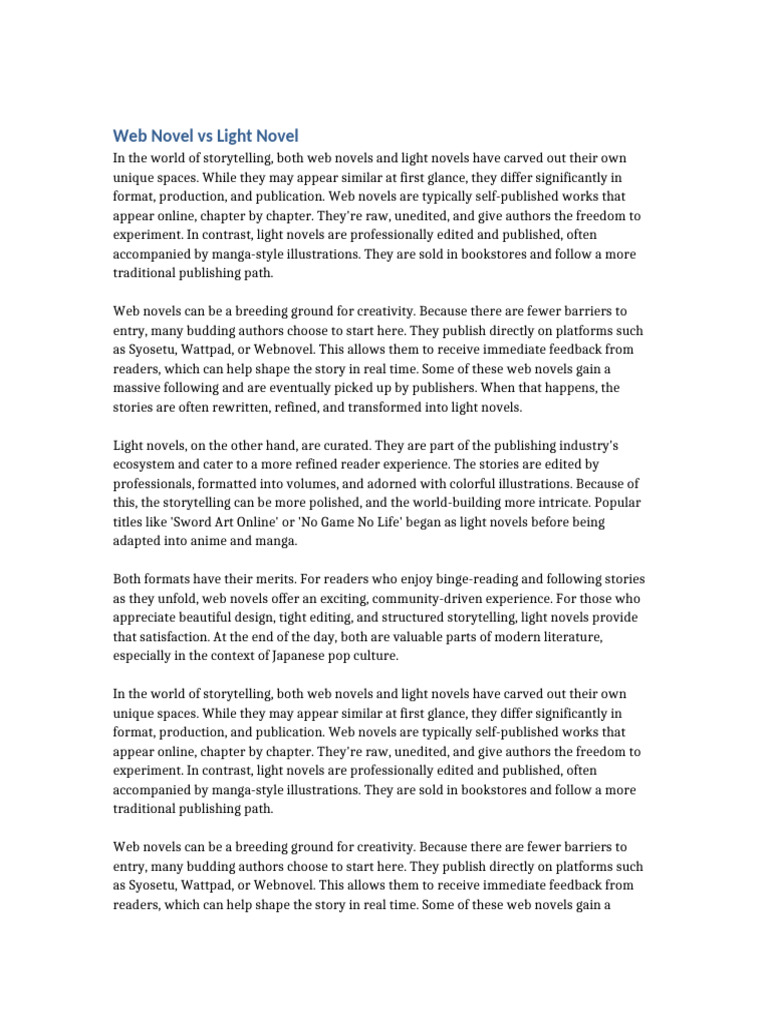 Web Novel Vs Light Novel 1000 Words | PDF | Novels | Anime And Manga