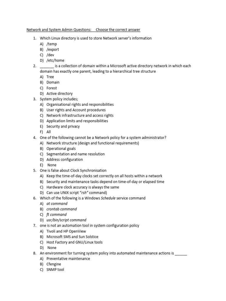 Network and System Admin Quiz Questions | PDF | File System | Computer ...