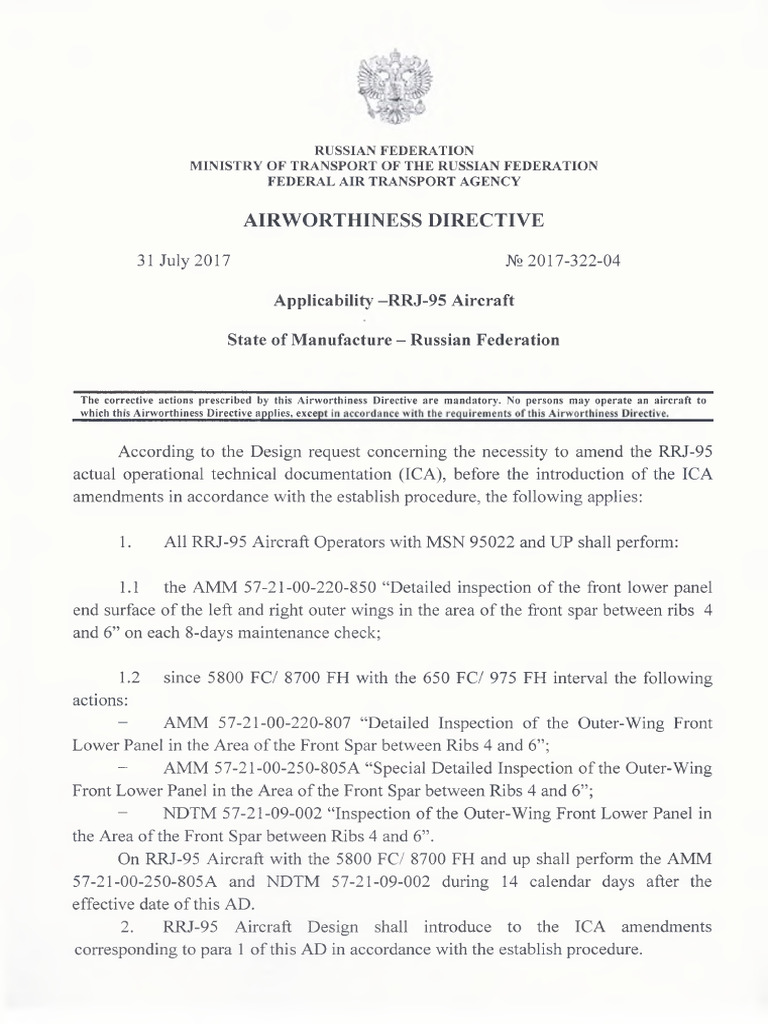 AIRWORTHINESS DIRECTIVE RRJ-95 Aircraft | PDF