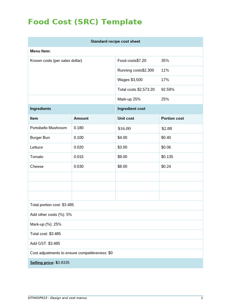 Food Cost Template for Menu Pricing | PDF