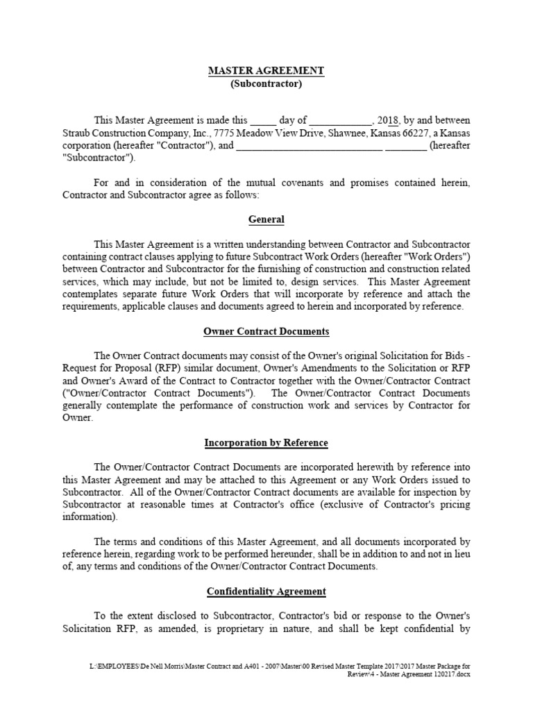 Straub Construction Master Agreement | PDF | Subcontractor | General Contractor
