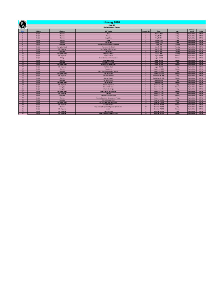 Lecture Planner (English) __ Umang 2026 (Class 8th) | PDF
