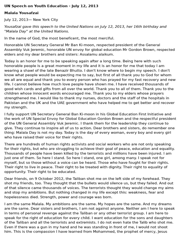Malala's UN Speech on Education Rights | PDF | Malala Yousafzai