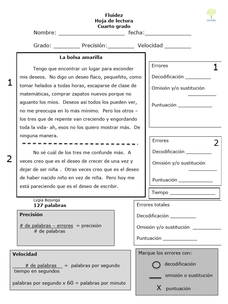 Fluidez Lectora para Cuarto Grado | PDF
