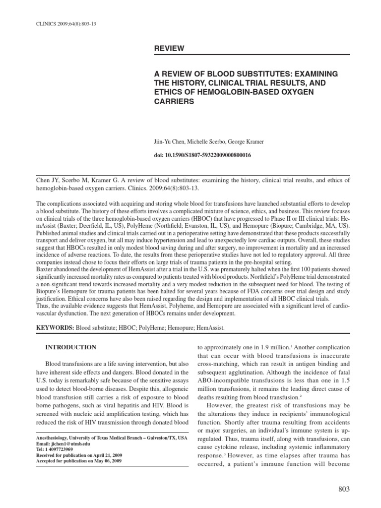 Review of Hemoglobin-Based Blood Substitutes | PDF | Blood Transfusion ...
