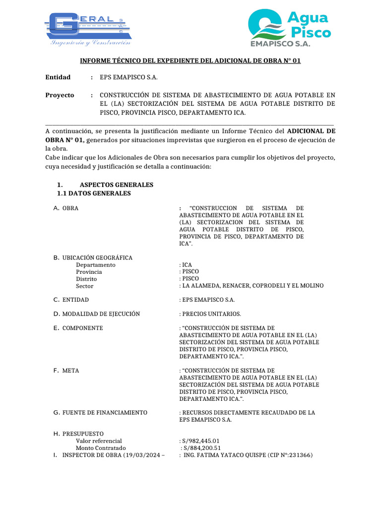 Informe-Técnico-Adicional de Obra N°-1 | PDF | Presupuesto | Agua