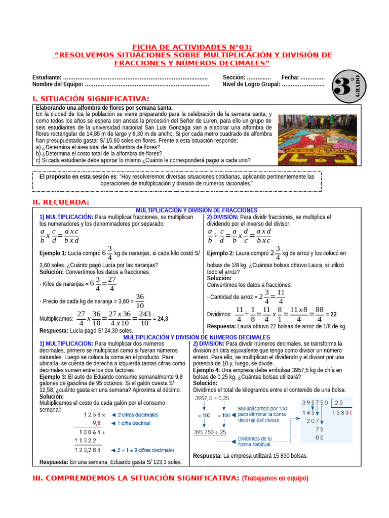FICHA 3-3 GRADO | PDF | División (Matemáticas) | Multiplicación