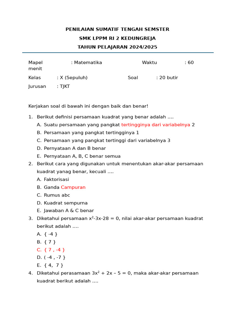 Kelas X - PSTS 2 2024 - 2025 | PDF