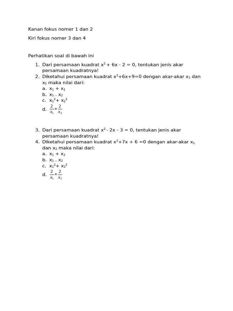 Soal Ulangan Jenis Akar, Hasil Jumlah Dan Kali Persamaan Kuadrat | PDF