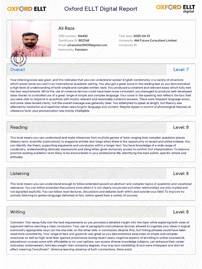Oxford ELLT Report Ali Raza 802768 | PDF