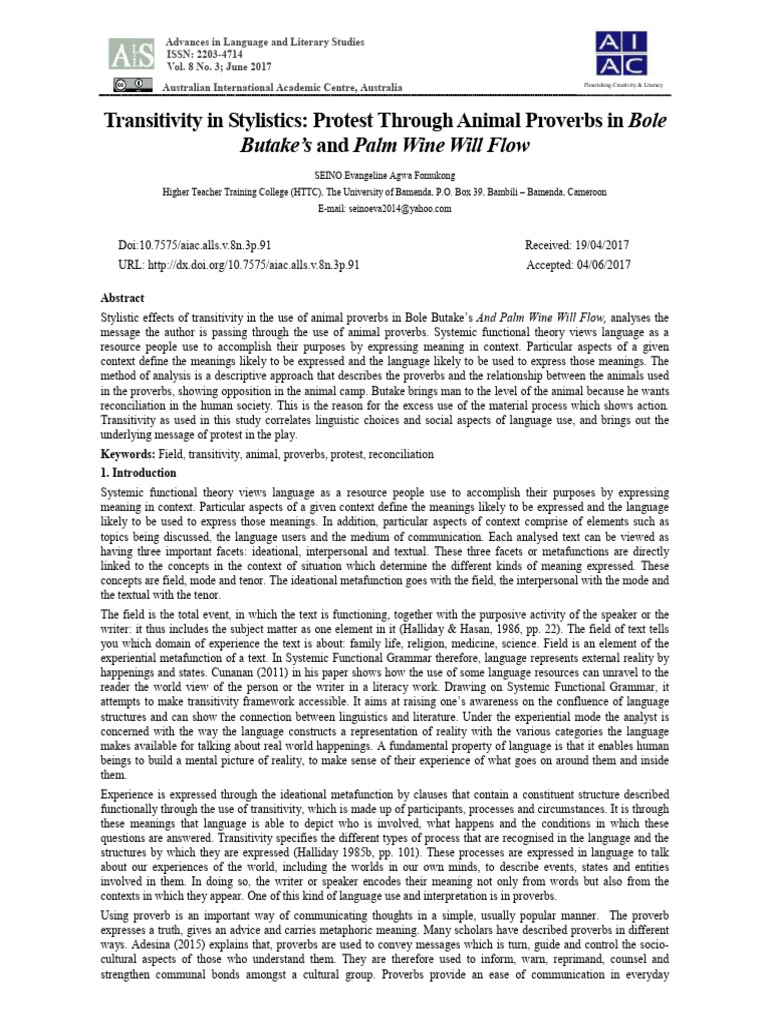 Transitivity in Stylistics: Protest Through Animal Proverbs in and ...
