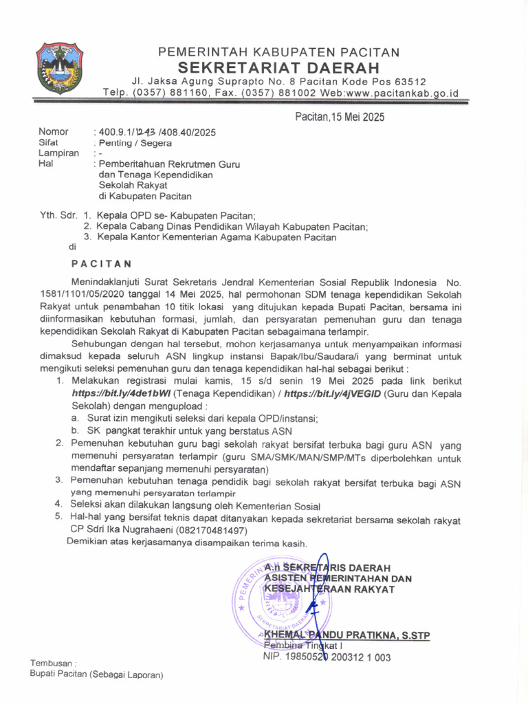 Rekrutmen Guru Dan Tenaga Kependidikan Sekolah Rakyat Di Kabupaten | PDF