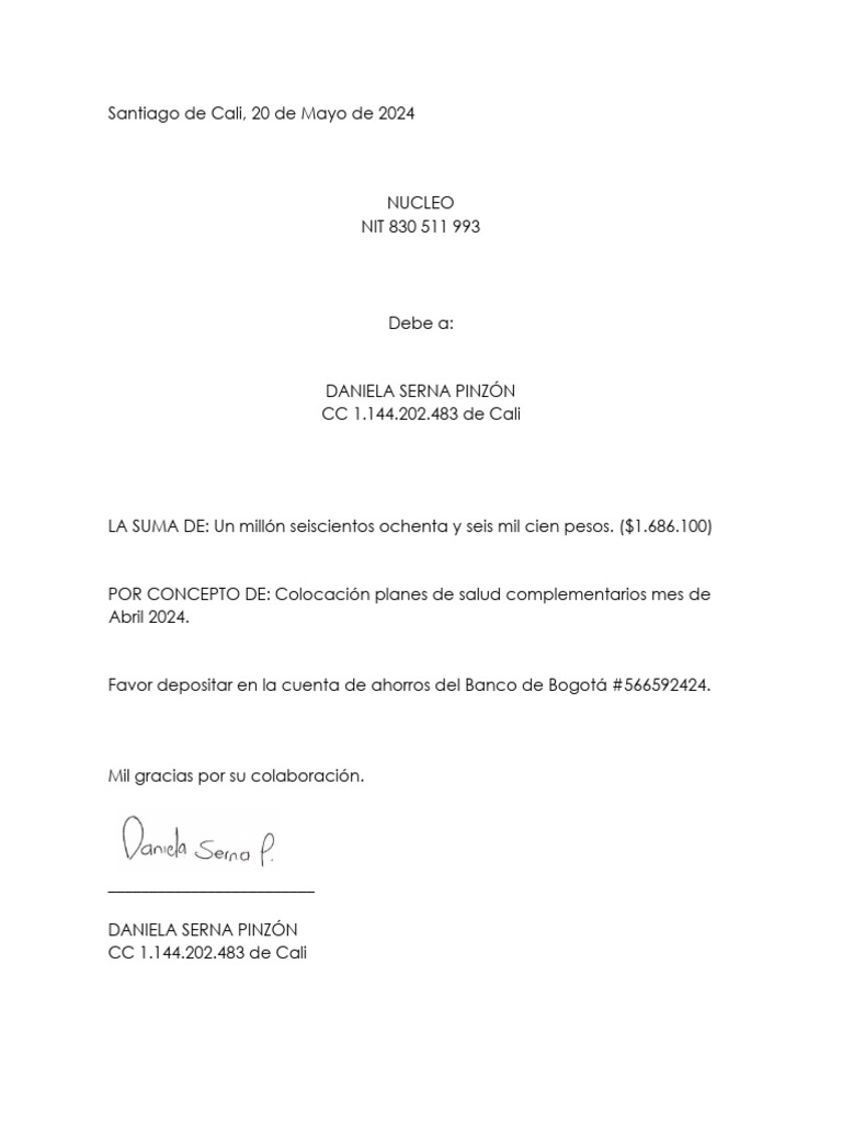 Cta de Cobro PP - Daniela Serna Abril 2024 | PDF