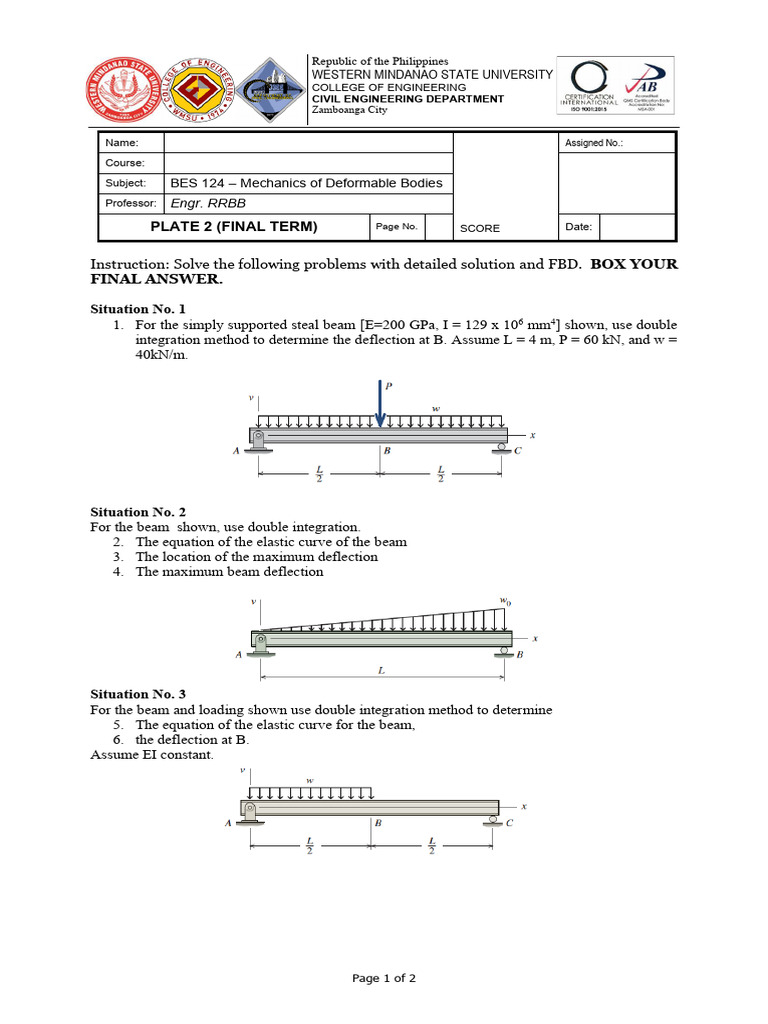 Deflection (Problem Set) Mechanics of DB | PDF