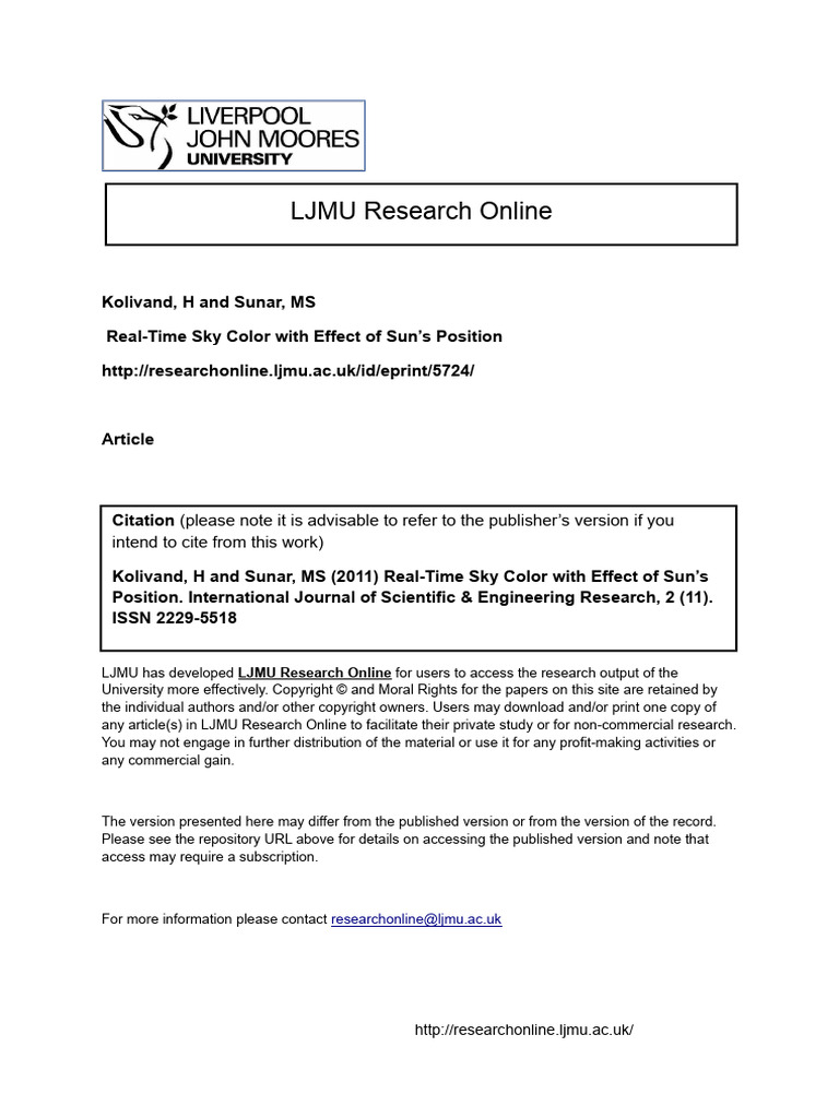 Real Time Sky Color With Effect of Suns Position | PDF | Color | Scattering