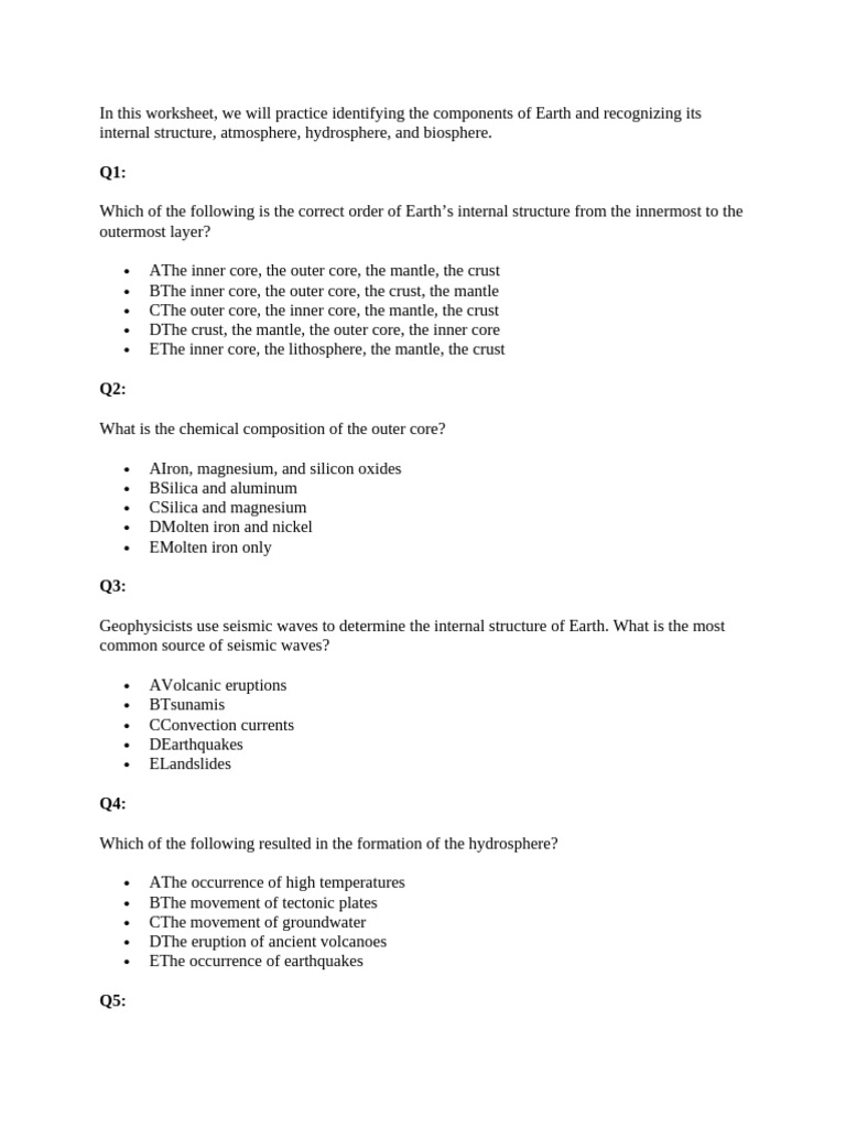 Work Sheet Components of The Earth | PDF | Earth | Terrestrial Planets