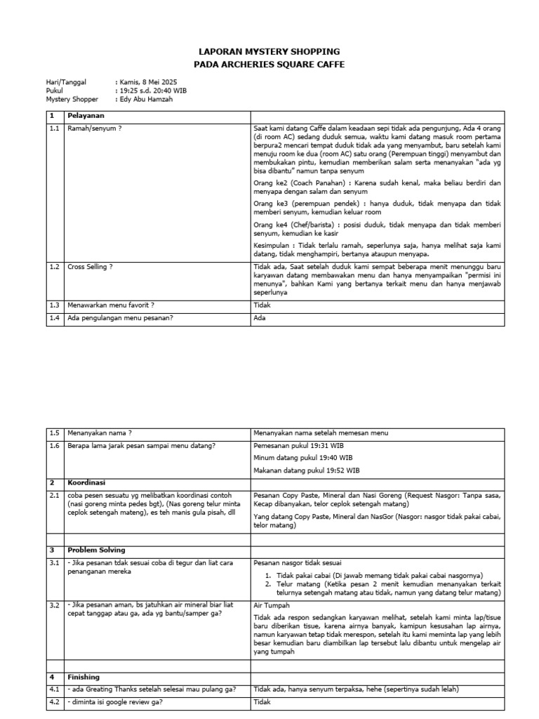 Laporan Mystery Shopping Pada Archeries Square Caffe | PDF