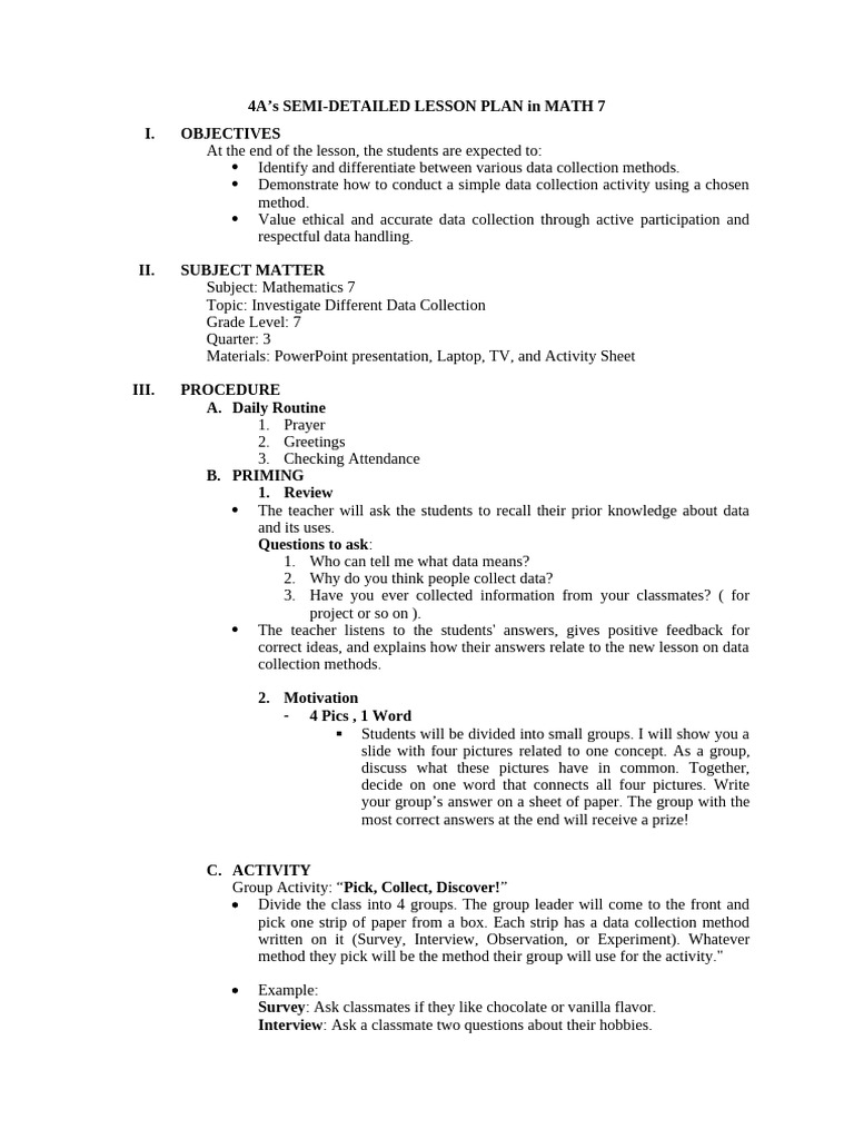 4a's Semi-Detailed Lesson Plan | PDF | Data | Mathematics