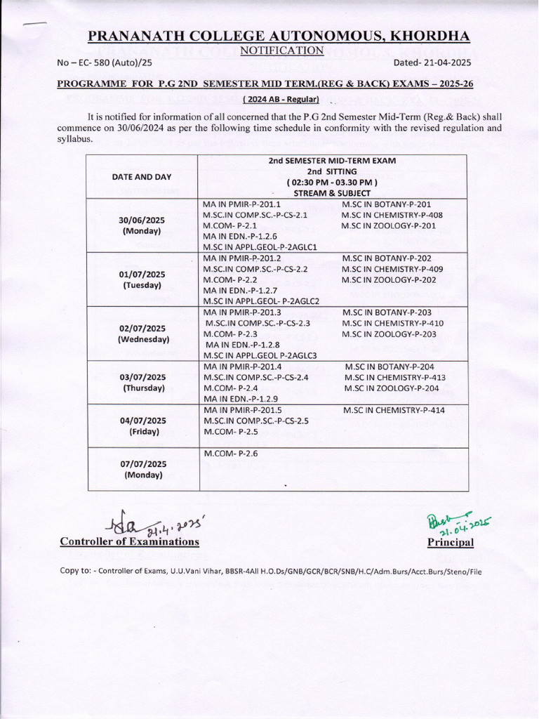 Programme For P G 2nd Semester Mid Term Regular and Back Exams-2025-26 ...