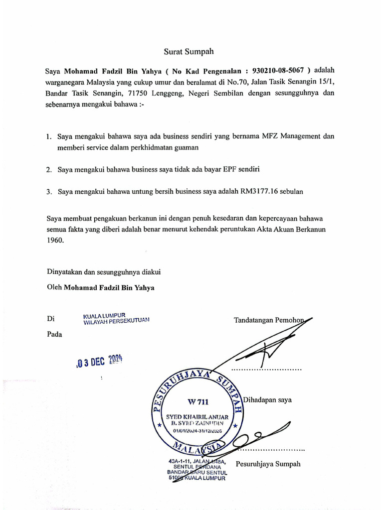 Surat Sumpah Example | PDF