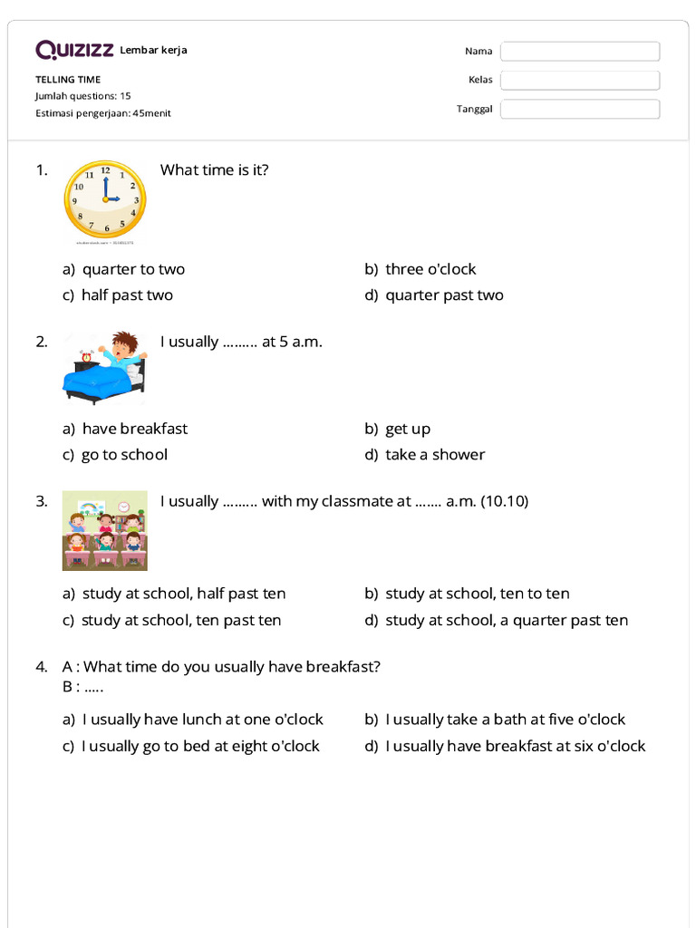 Telling Time Quiz Worksheet | PDF