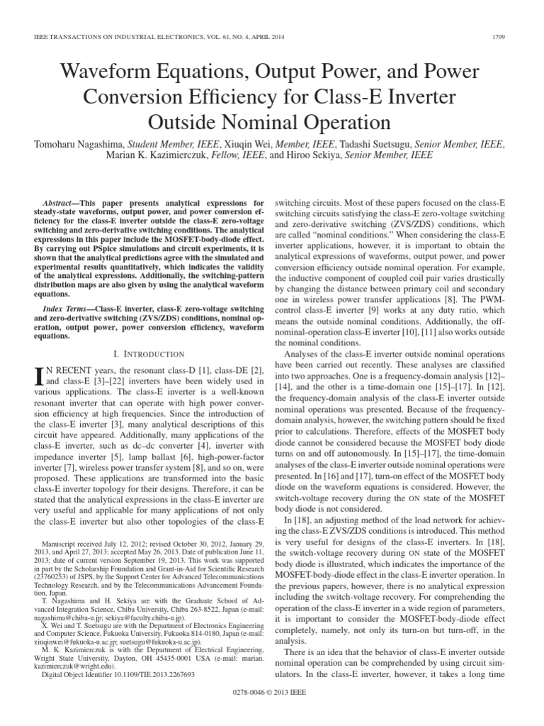 Waveform Equations Output Power and Power Conversion Efficiency for Class-E Inverter Outside ...