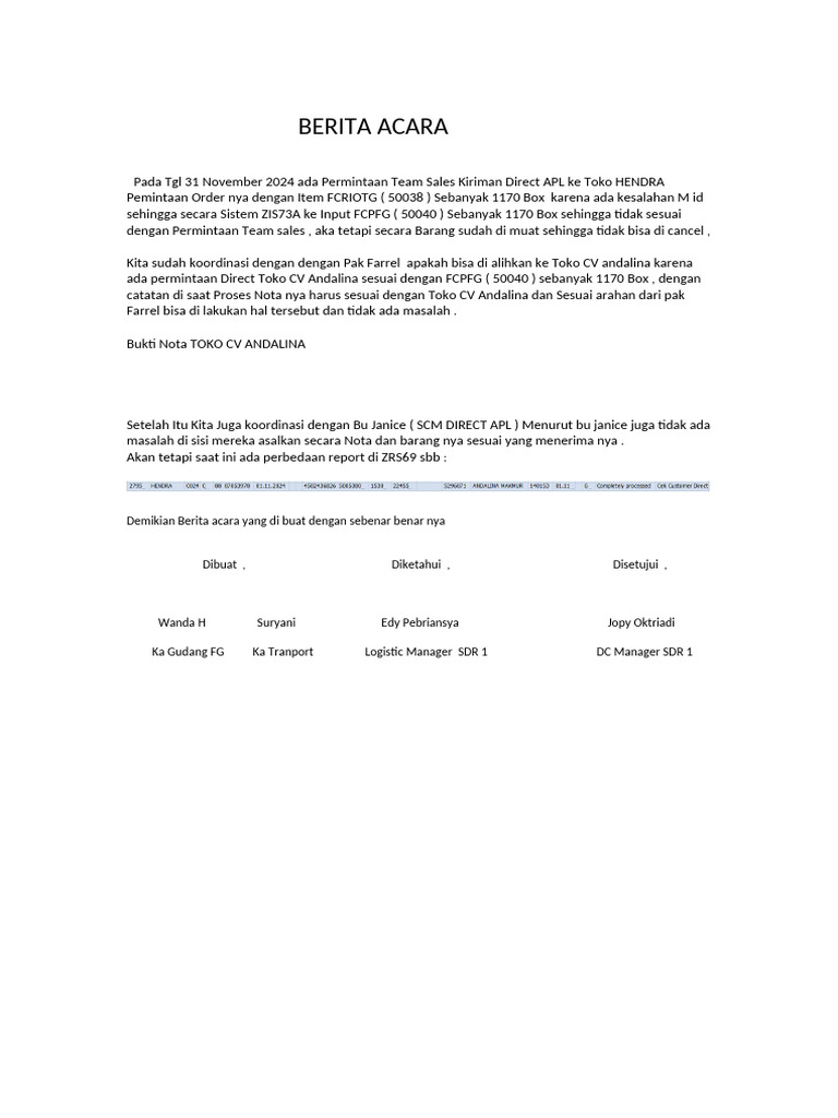 Berita Acara Salah Input Item Direct APL | PDF