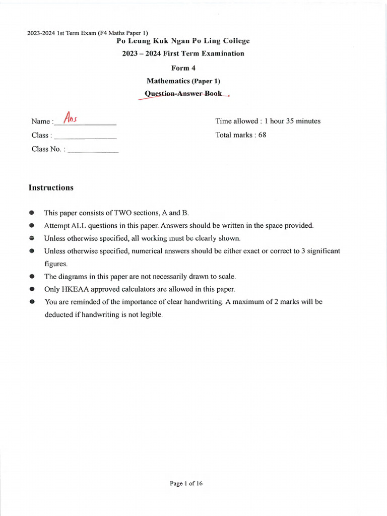 F4 Maths Paper 1 Exam 2023-2024 | PDF | Elementary Mathematics ...