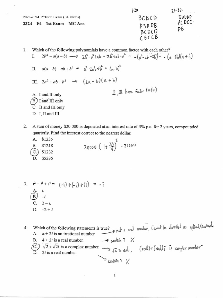 2023-2024 1st Exam (F.4 Math) MC Ans PDF | PDF | Abstract Algebra | Equations